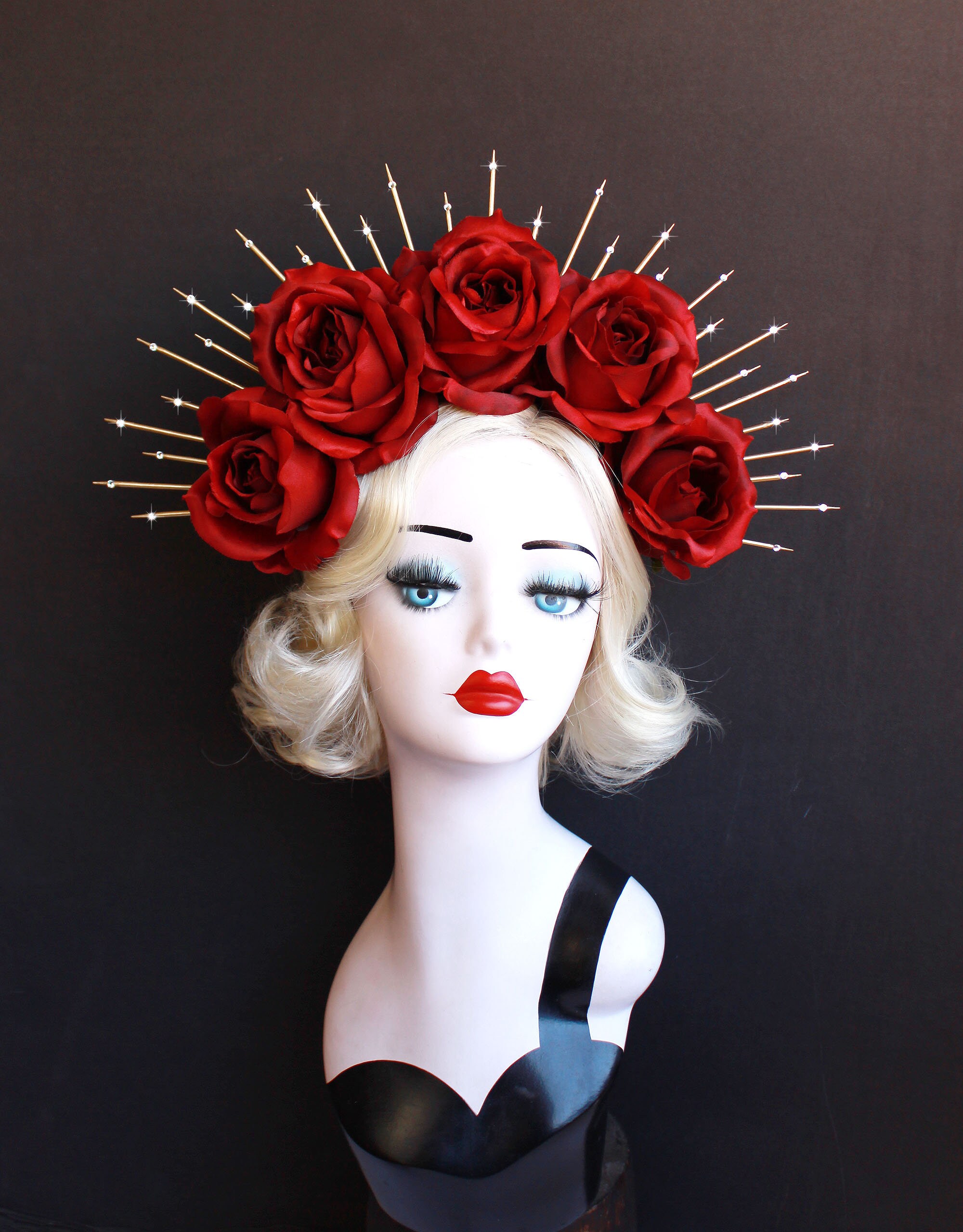 Dark Red Large Rose Flower Crown With Crystals Gold Halo | Etsy