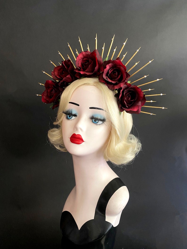 Burgundy Red Rose Flower Crown With Crystals Gold Halo Crown - Etsy