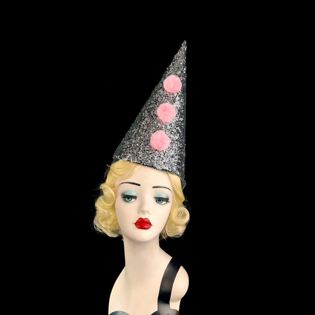 Metallic Silver Sequin Clown Hat, Burlesque Circus Costume, Pink Pom ...