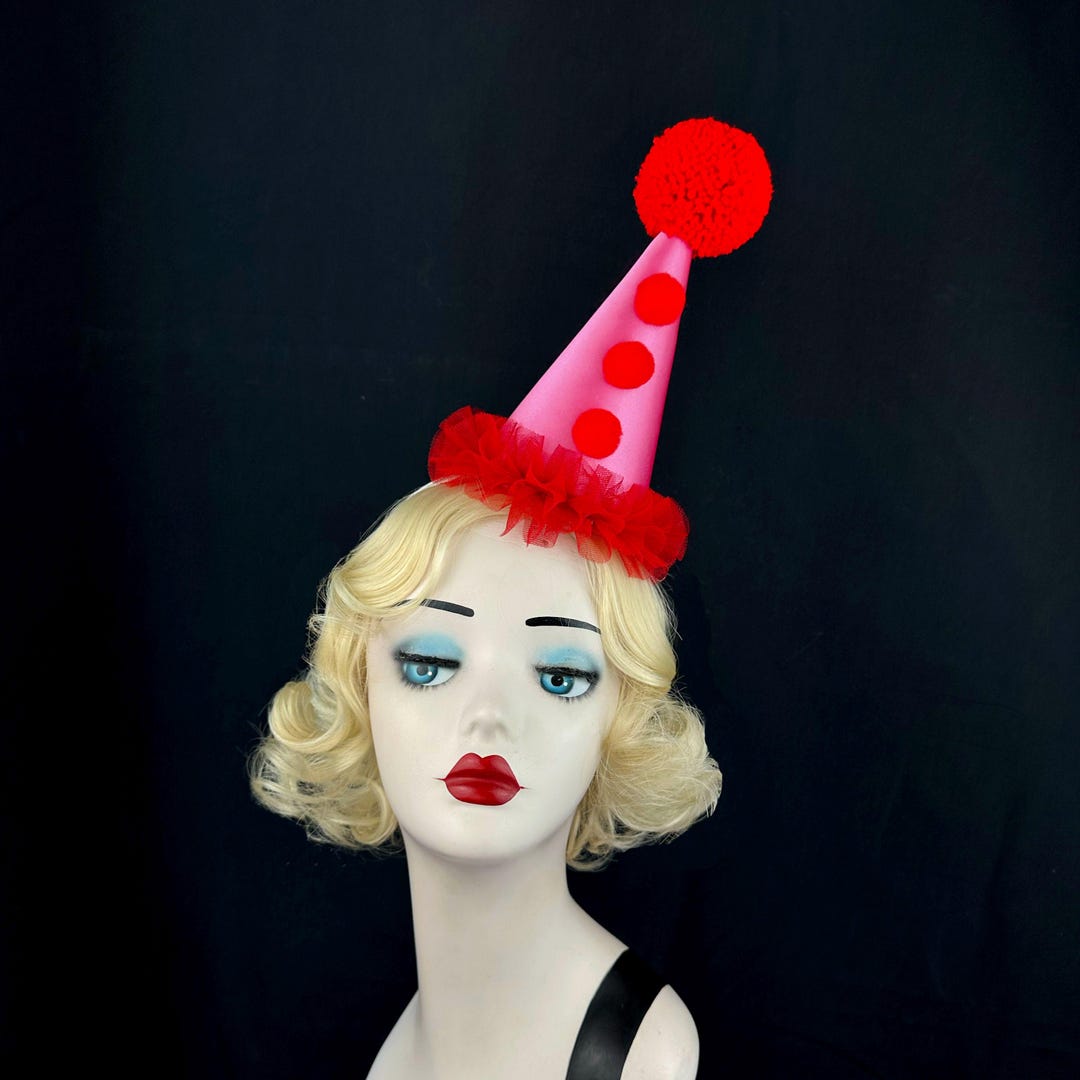 Red and Hot Pink Satin Mini Clown Hat, Big Pom Pom, Costume Headpiece ...