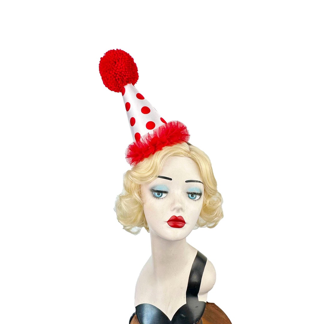 Red and White Mini Clown Hat With Tulle Trim, Classic Circus, Halloween ...