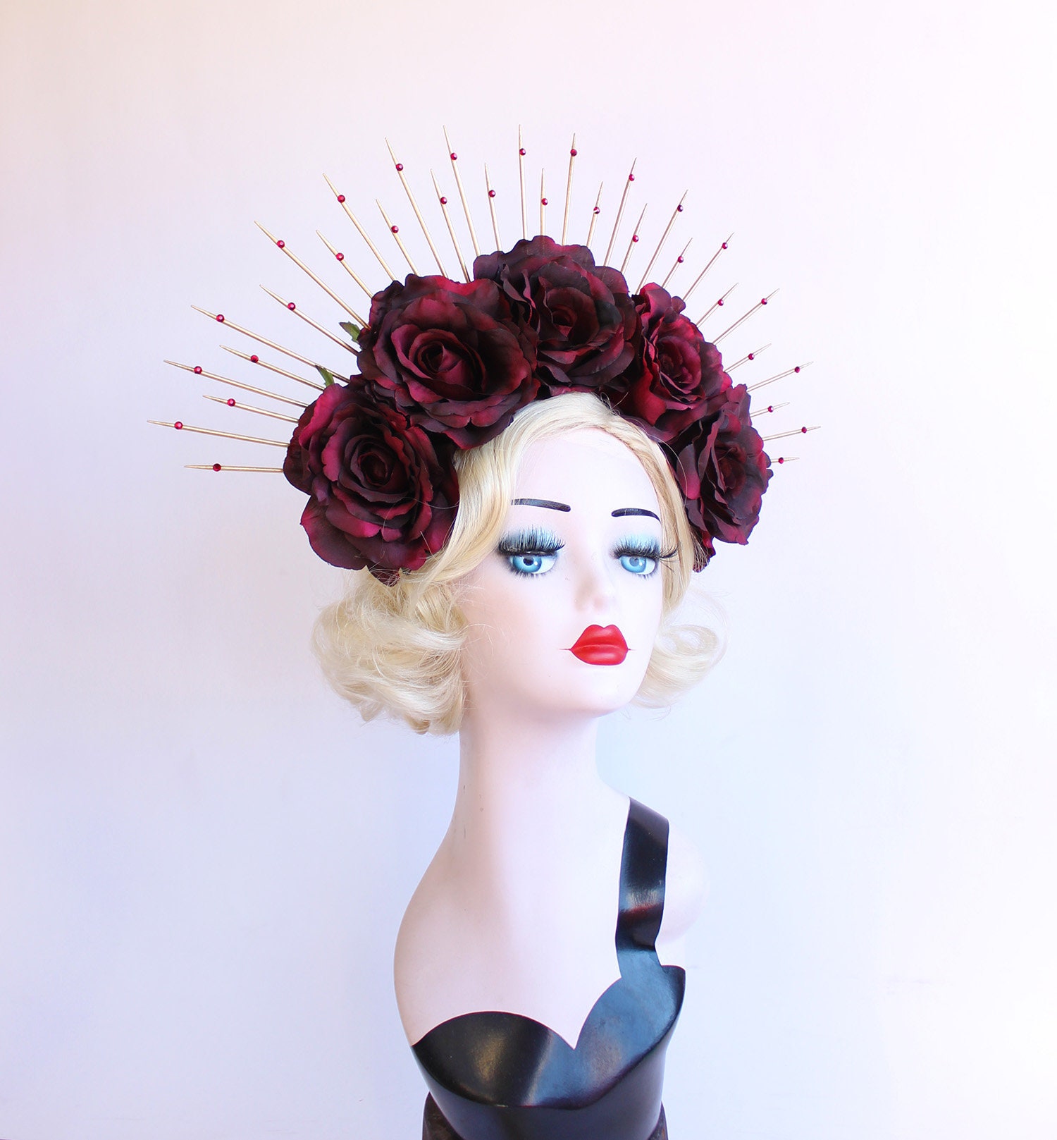 6 Burgundy Red Rose Flower Crown With Crystals Gold | Etsy