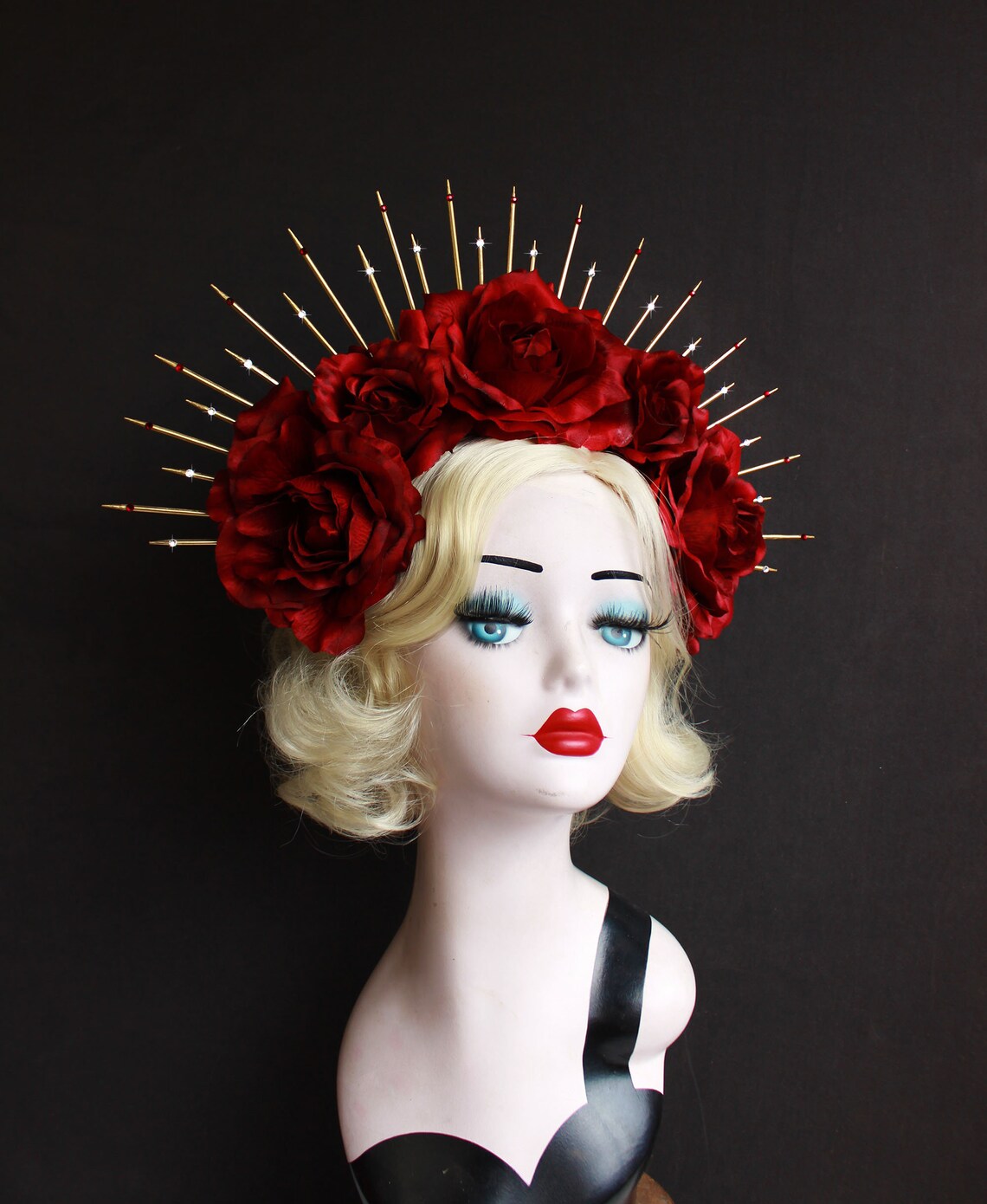 Dark Red Rose Flower Crown Gold Halo Crown Bridal Crown - Etsy