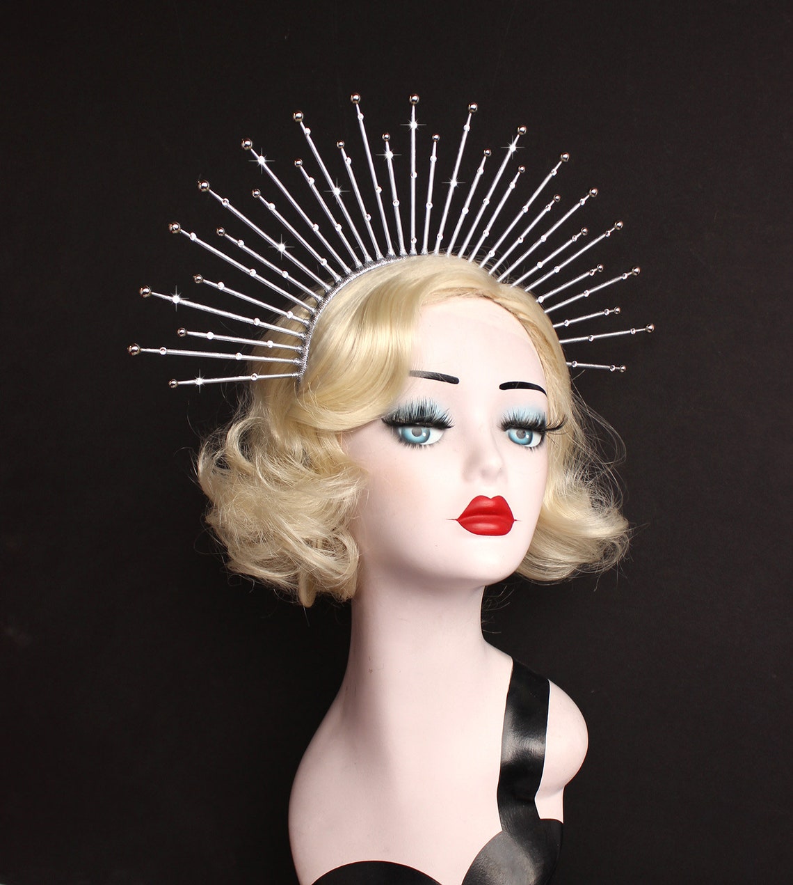4" Silver Beaded Tip Halo Headpiece With Crystals, Spike Tiara, Bridal ...