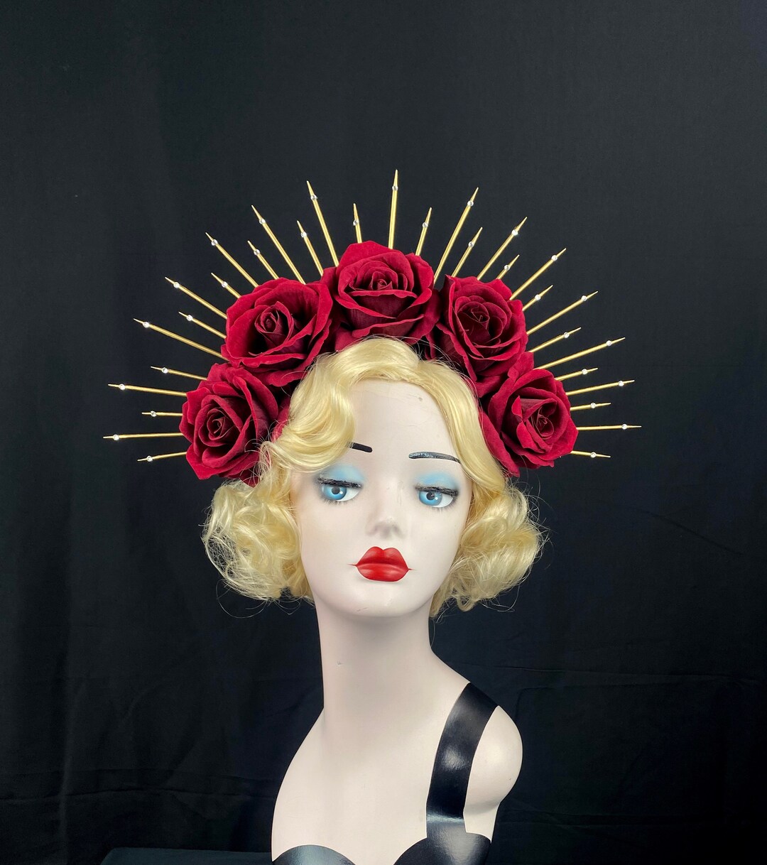 Dark Red Velvet Rose, Gold Flower Crown W Crystals, Halo Crown, Bridal ...