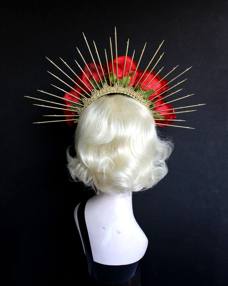 Red Rose Flower Crown With Crystals, 6" Inch Gold Halo Crown, Bridal ...