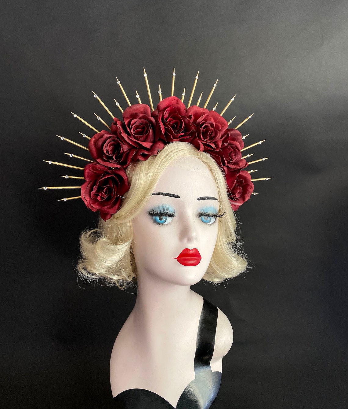 Dark Red Rose Flower Crown Gold Halo Crown Bridal Crown - Etsy