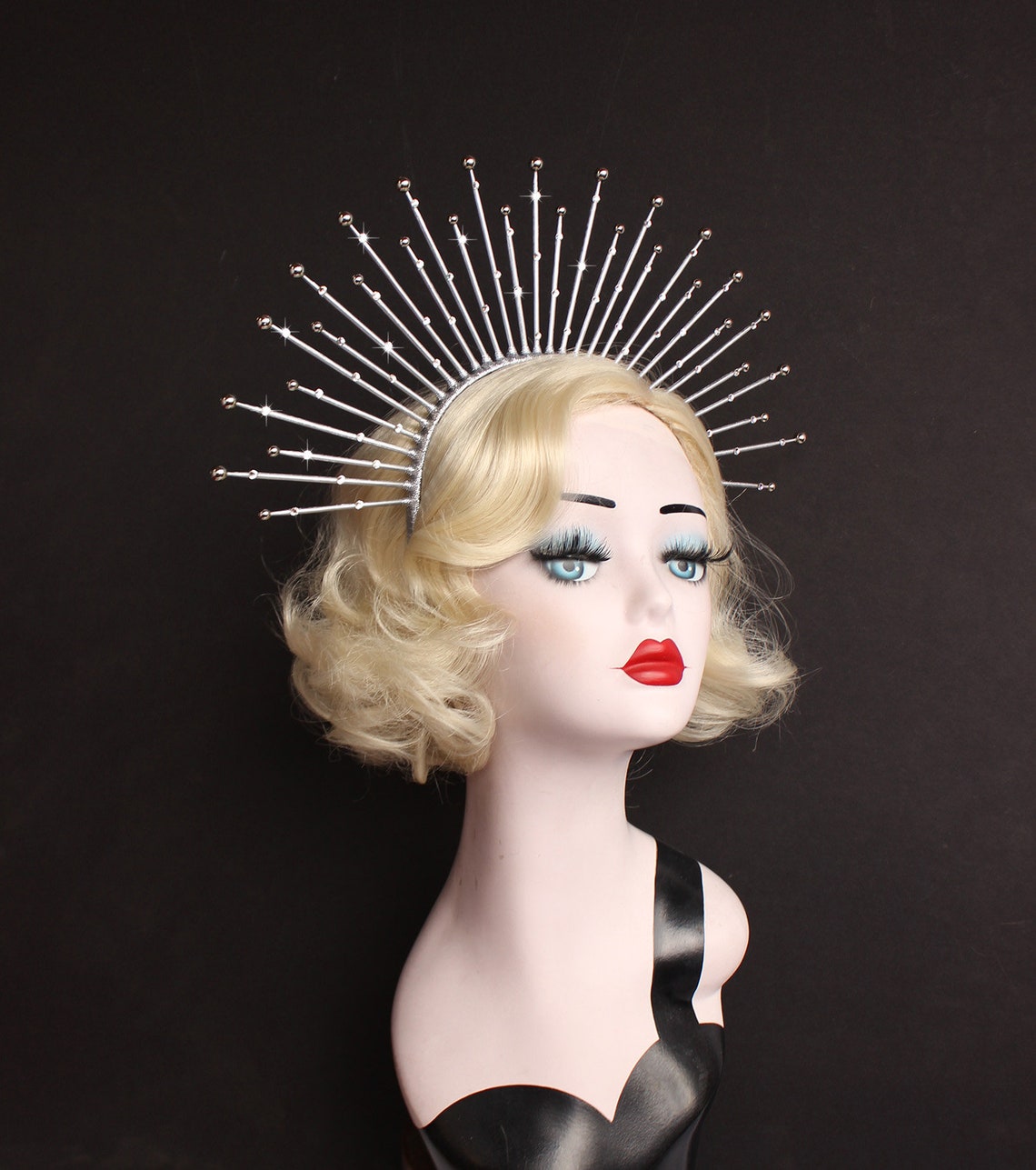 4" Silver Beaded Tip Halo Headpiece With Crystals, Spike Tiara, Bridal ...