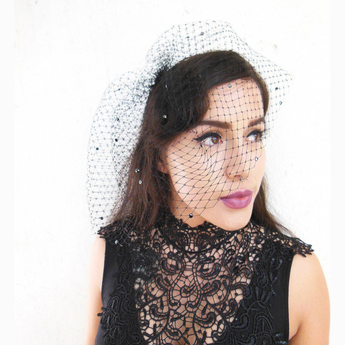 Black Veil, Swarovski Crystal, Birdcage Style, Netted, Halloween ...