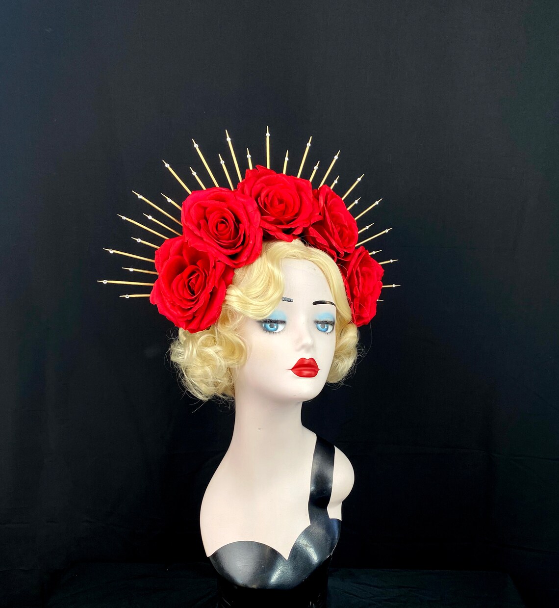 Bright Red Rose Flower Crown With Crystals Gold Halo Crown | Etsy