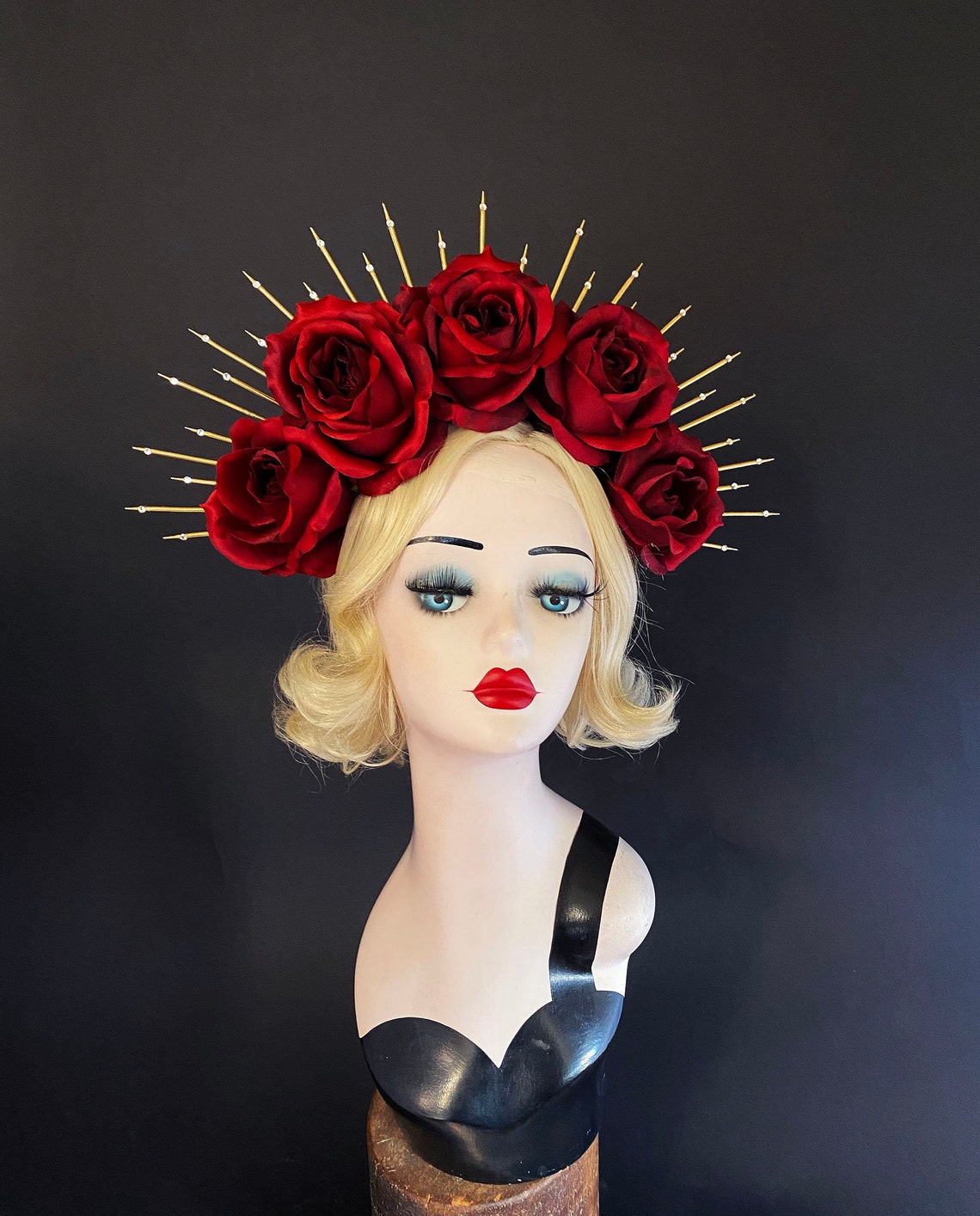 Dark Red Large Rose Flower Crown With Crystals Gold Halo | Etsy