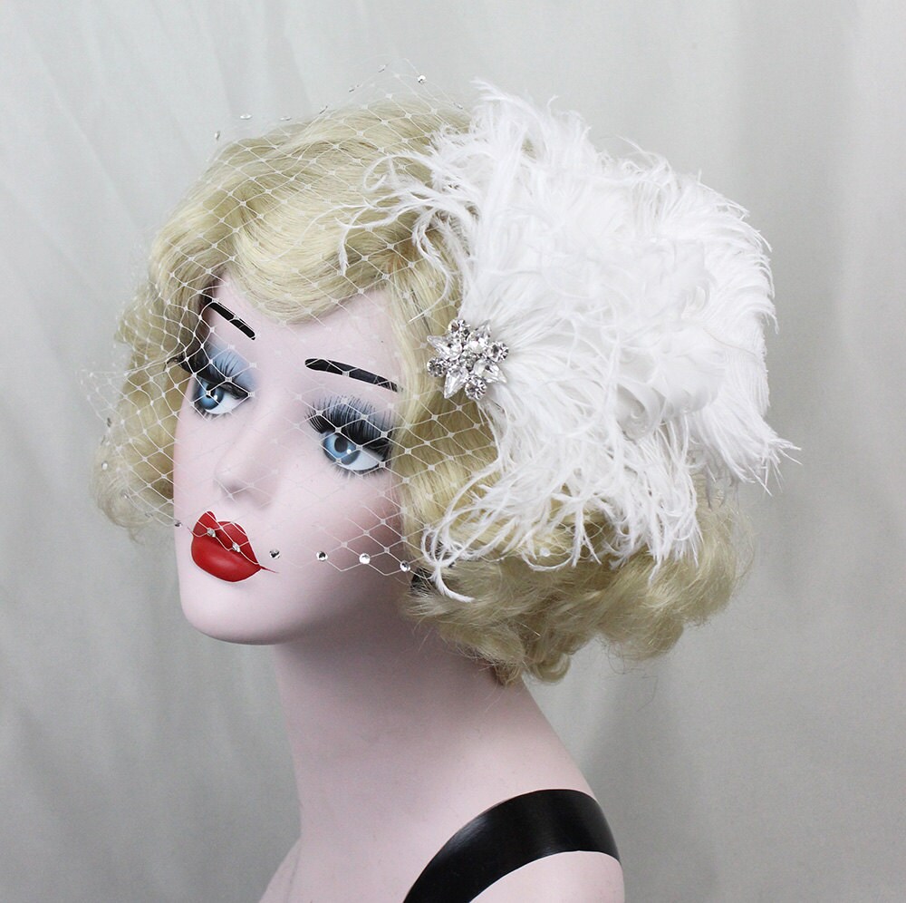 Birdcage Veil, White Feather Fascinator, Feather Headpiece, Hair ...
