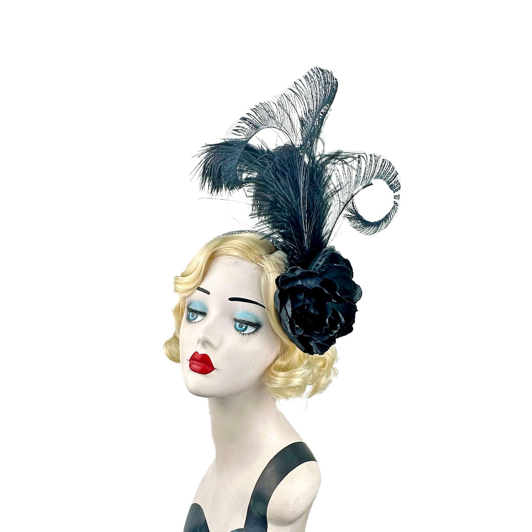 Black Rose, Peacock Fascinator Headband, Showgirl Feather Headdress ...