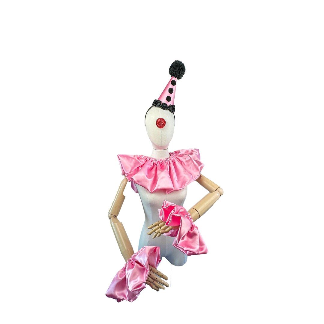 Pink Satin Clown Accessory Set With Black, Hat, Collar, Cuffs, Circus ...