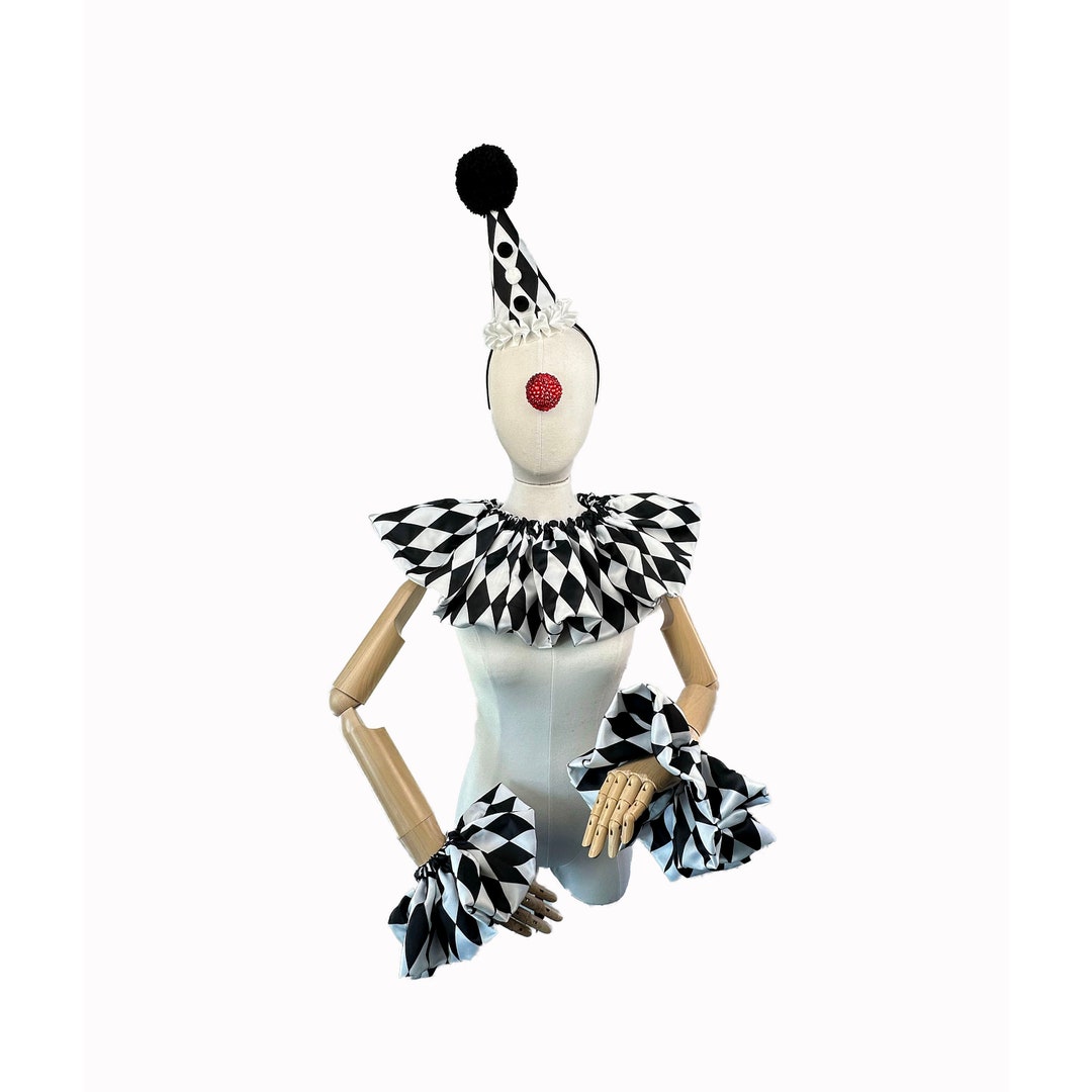 White With Black Diamond Satin Clown Costume Set, Halloween Costume ...