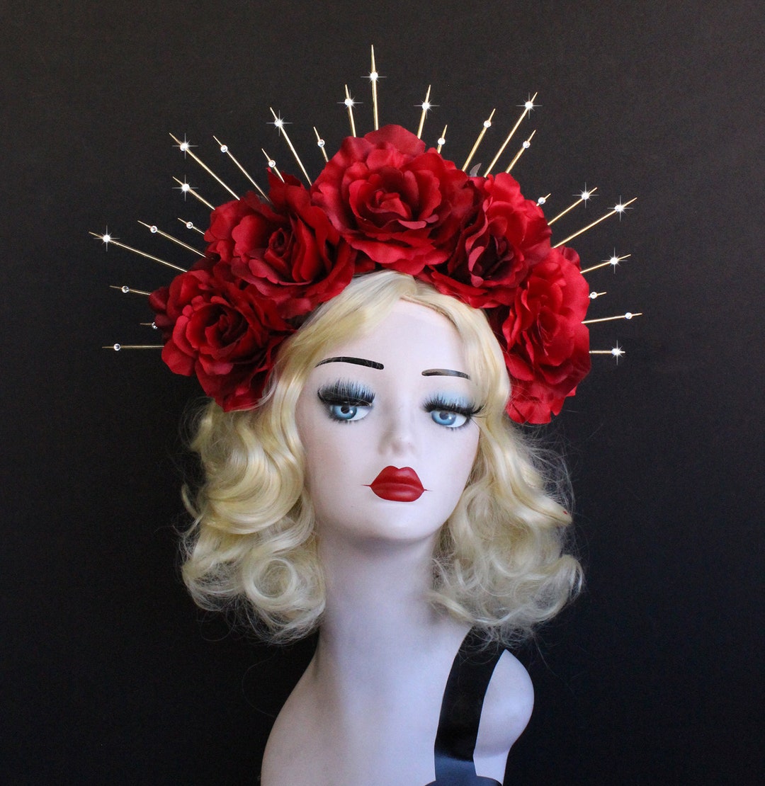 Bright Red Rose Flower Crown, Gold Halo Crown, Bridal Crown, Crown ...
