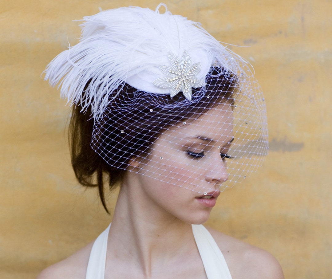 Wedding Veil, Birdcage Veil, Bridal Hat, Feather Fascinator, White ...