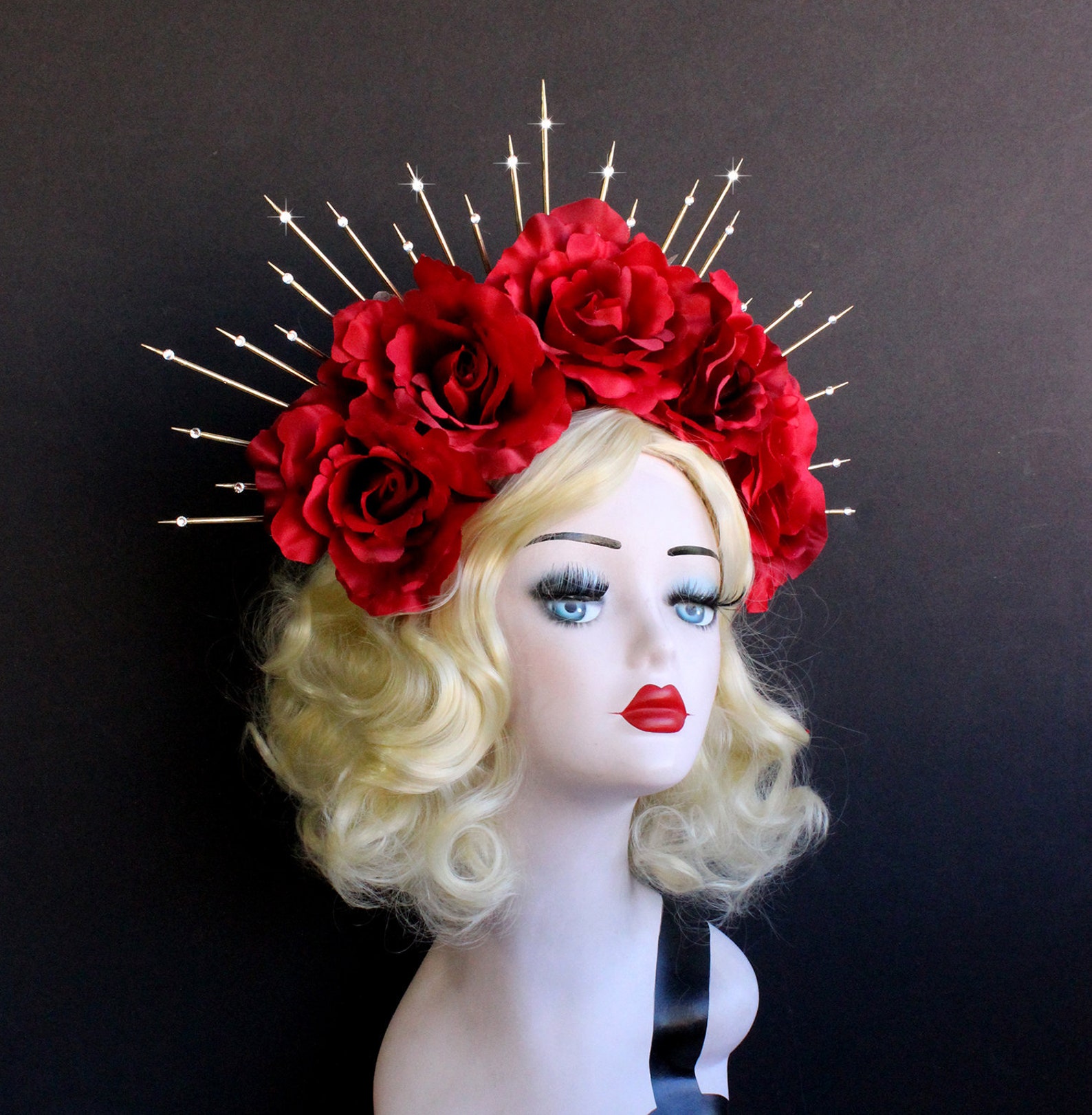 Bright Red Rose Flower Crown, Gold Halo Crown, Bridal Crown, Crown ...