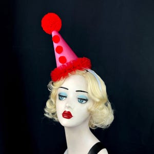Red and Hot Pink Satin Mini Clown Hat, Big Pom Pom, Costume Headpiece ...