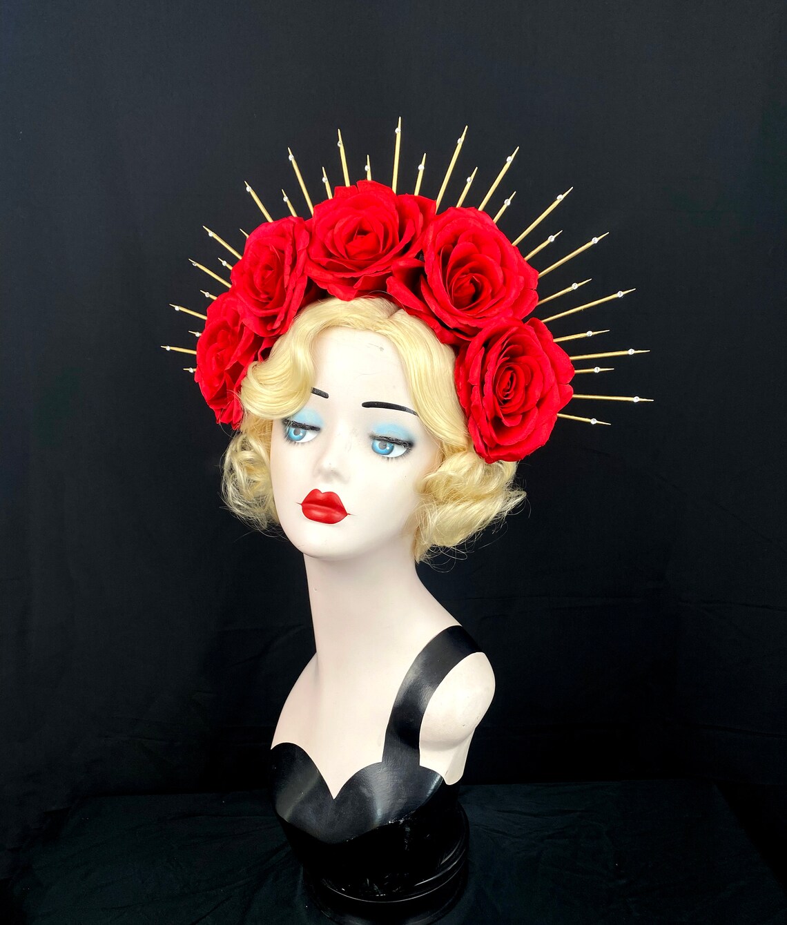 Bright Red Rose Flower Crown With Crystals, Gold Halo Crown, Bridal ...
