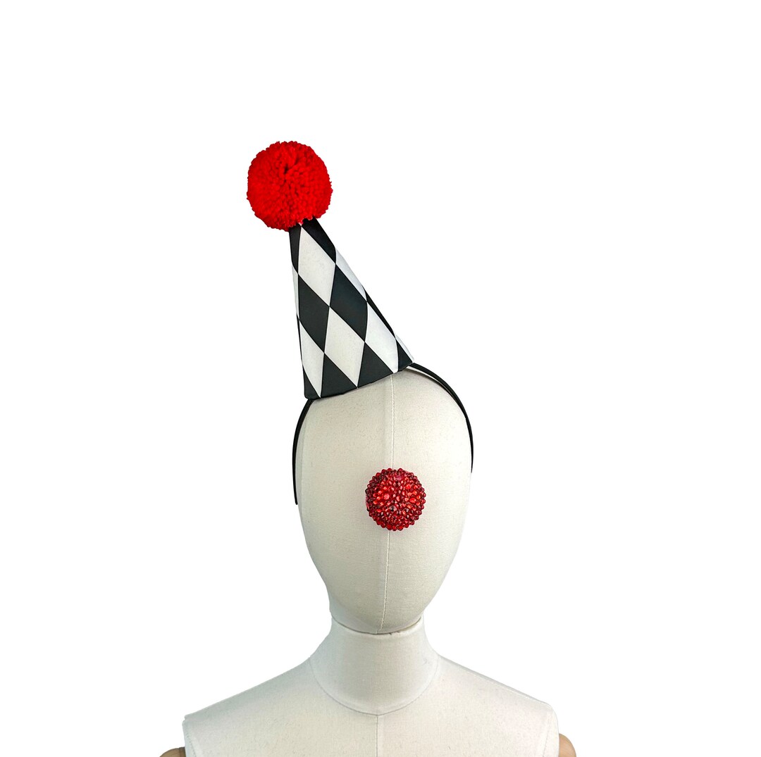 Mini Clown Hat, Black, White, Red, Diamond Pattern, Circus, Halloween ...