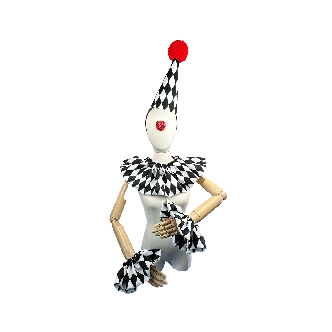 Vintage Circus Clown Costume Set, Diamond Pattern, Red Pom Pom Hat ...
