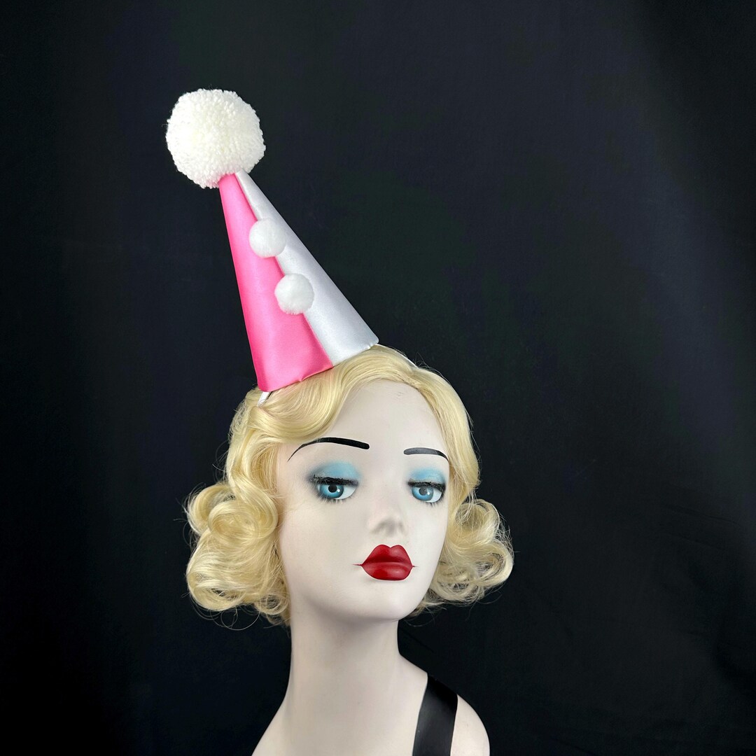 Big Pom Pom Topped Half White and Pink Mini Clown Hat, Halloween ...