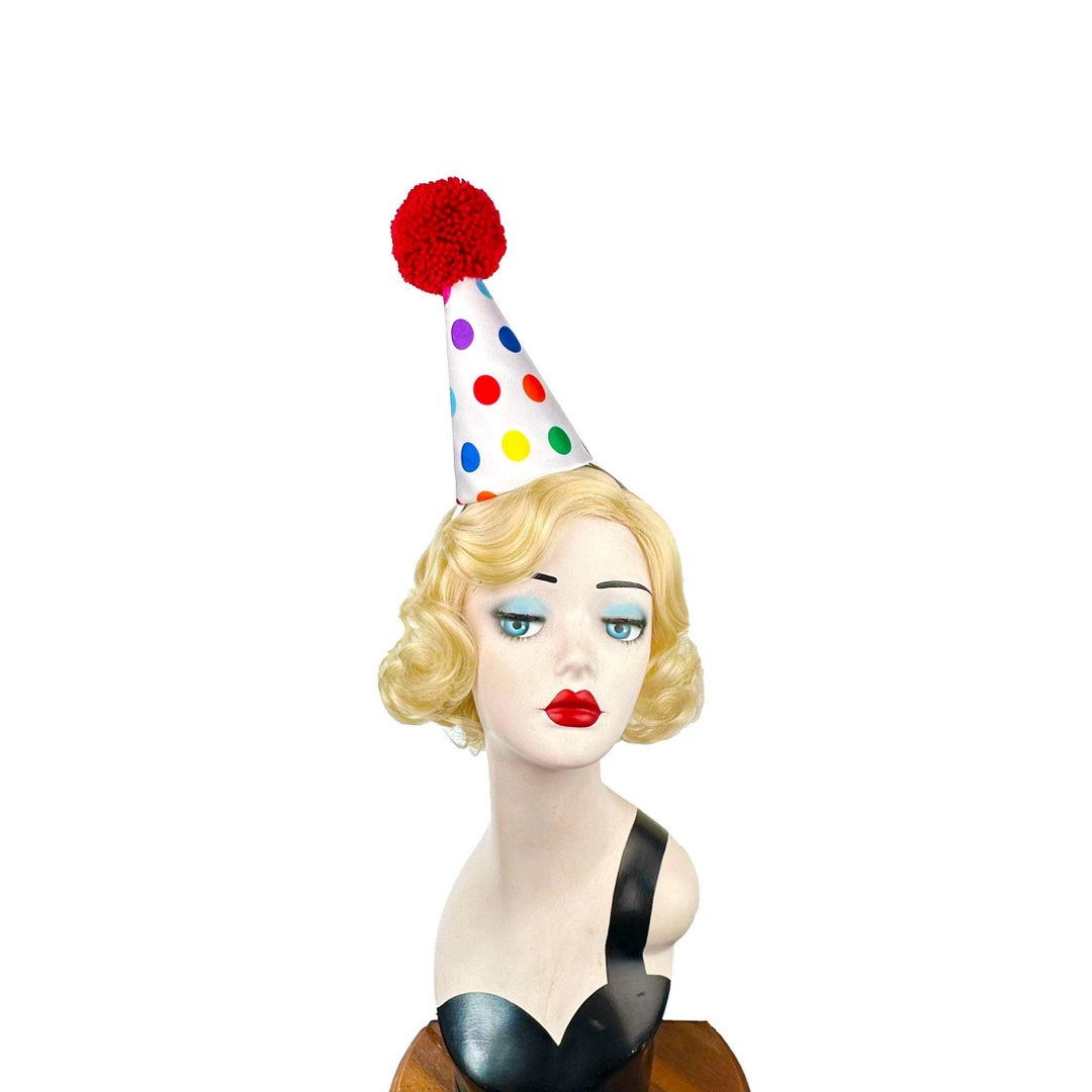 Multi Color Polka Dot Mini Clown Hat With Red Pom Pom, Classic Circus ...