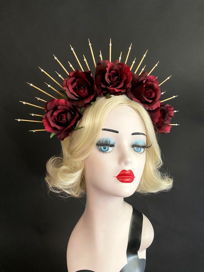 Burgundy Red Rose Flower Crown With Crystals Gold Halo Crown - Etsy