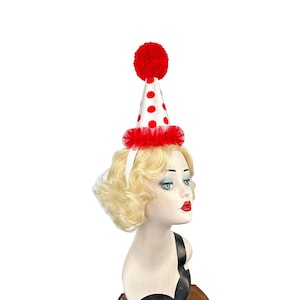 Red and White Mini Clown Hat With Tulle Trim, Classic Circus, Halloween ...