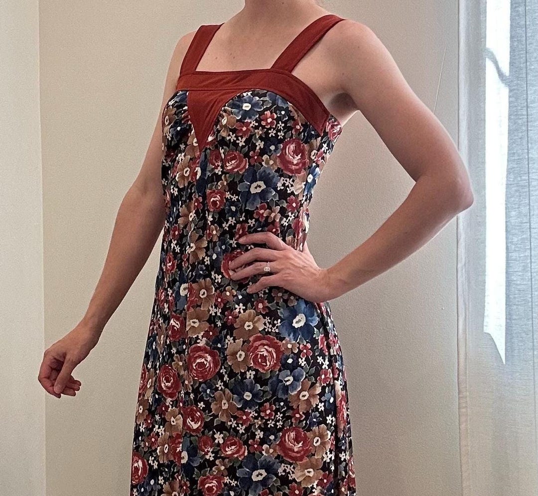 Long Rust Vintage Dress 70s Floral Brown Blue Flower Print Maxi Dress ...