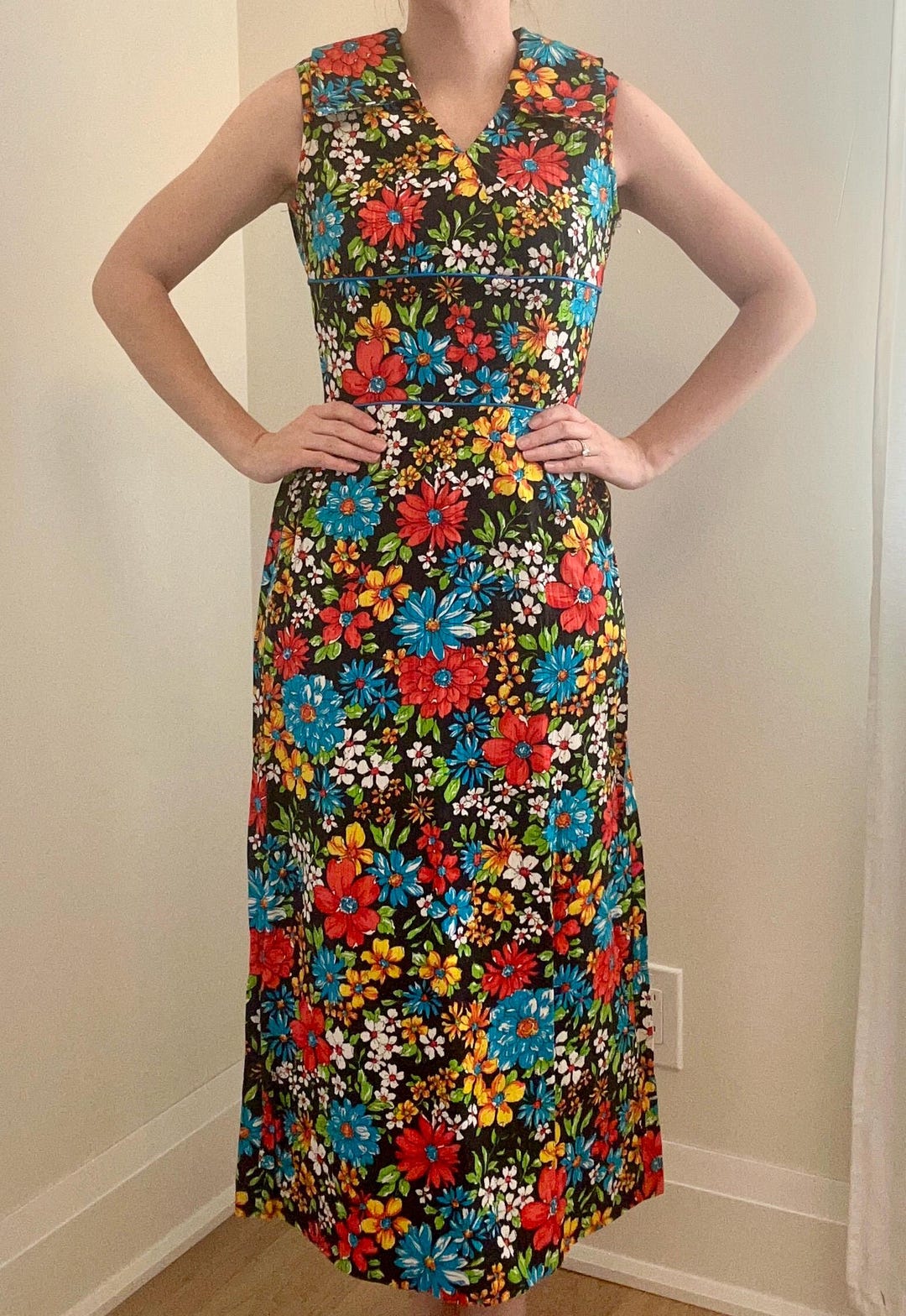 FLOWERED Vintage 1970s Spring Summer Sleeveless Long Dress ...