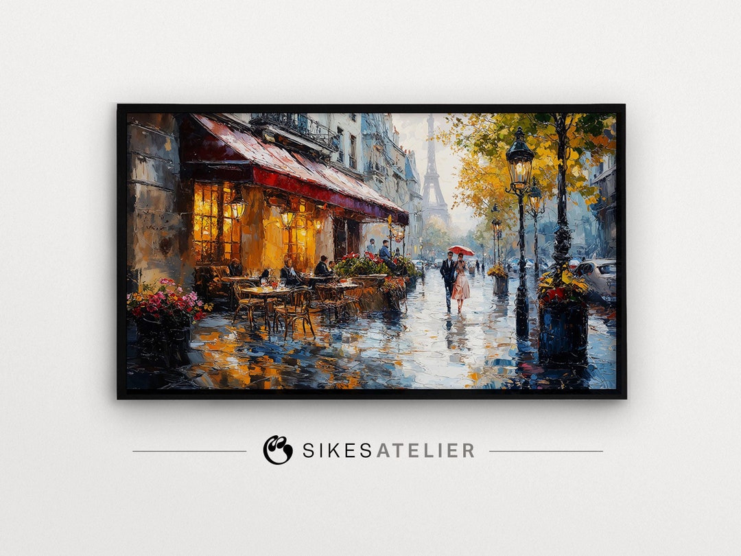 Paris FRAME TV Art and Desktop Wallpaper of a French Cafe on a Rainy Day, Impressionist Style ...