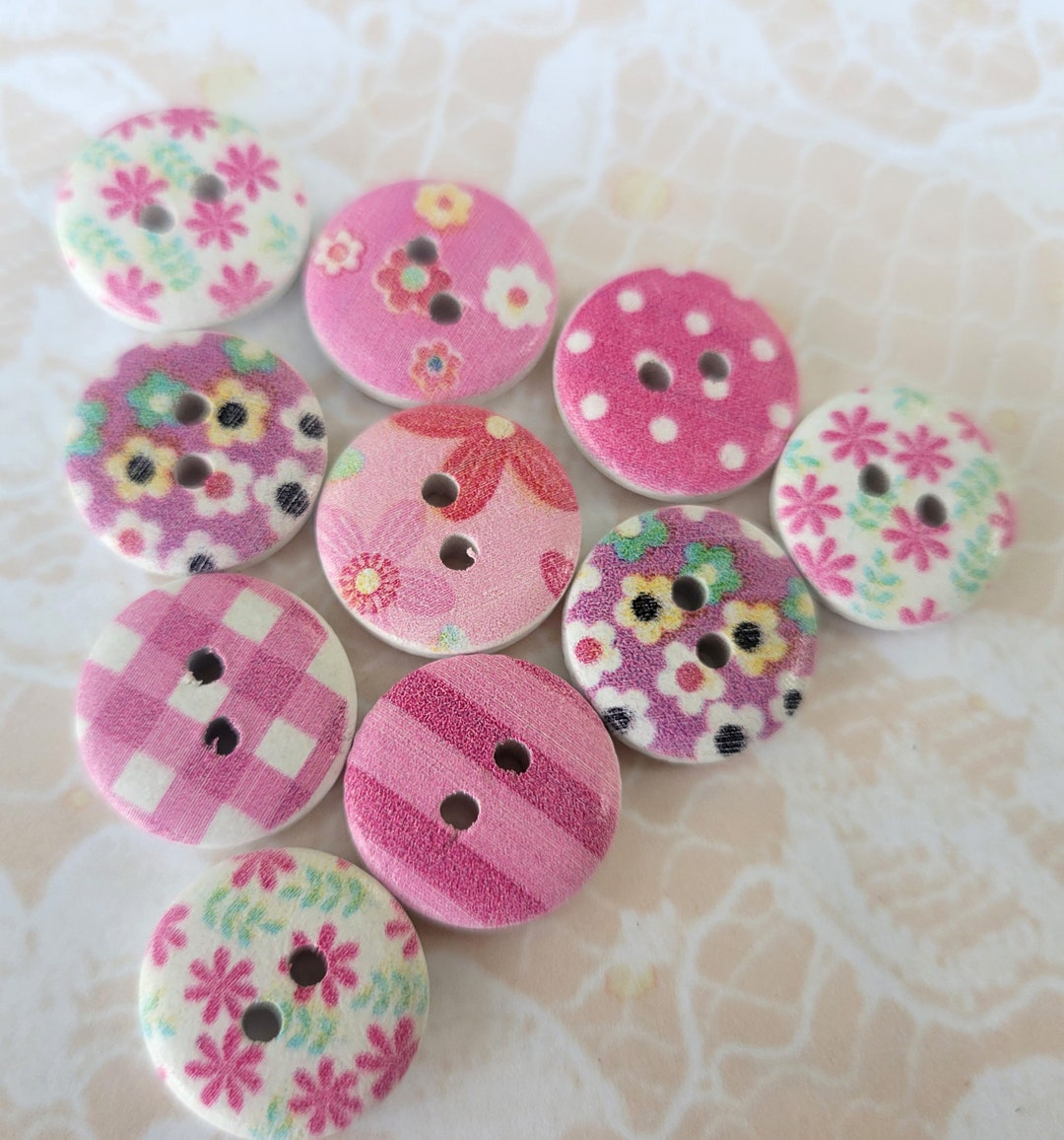 10 Cute Whimsicle Pink Buttons 9/16 Inch 15mm Flower Buttons Gingham ...
