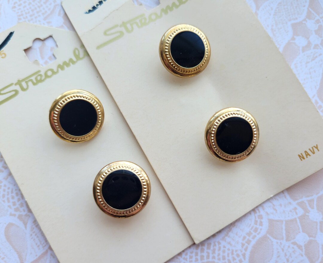 4 NAVY BLUE and GOLD Vintage Buttons 9/16 Inch 15mm Streamline Button ...