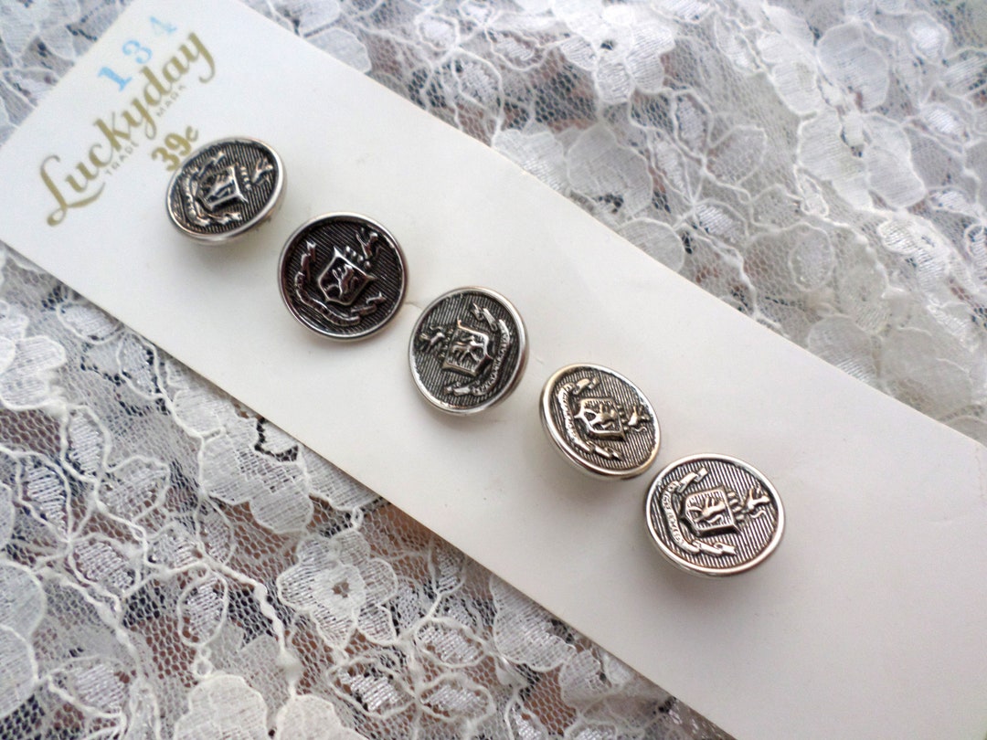 Vintage Lucky Day Button Card 5 Silver Crest Buttons Shank Buttons 9/16 ...