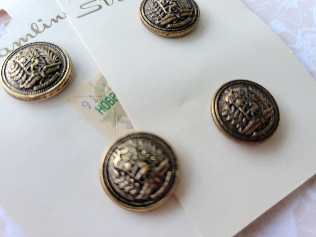 4 Gold Metal Vintage Crest Shank Buttons 5/8 Inch 15mm Streamline ...