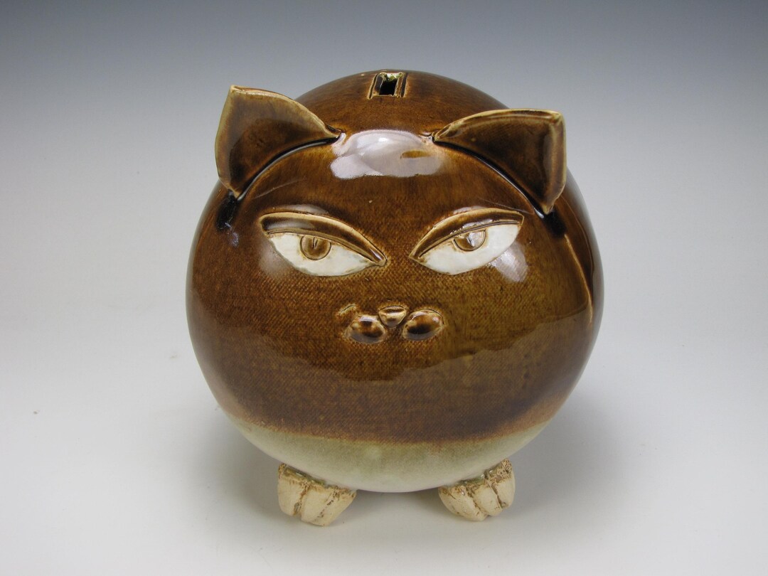 Large Brown Kitty Pottery Piggy Bank Hand Made One of a Kind Gift Piggy ...