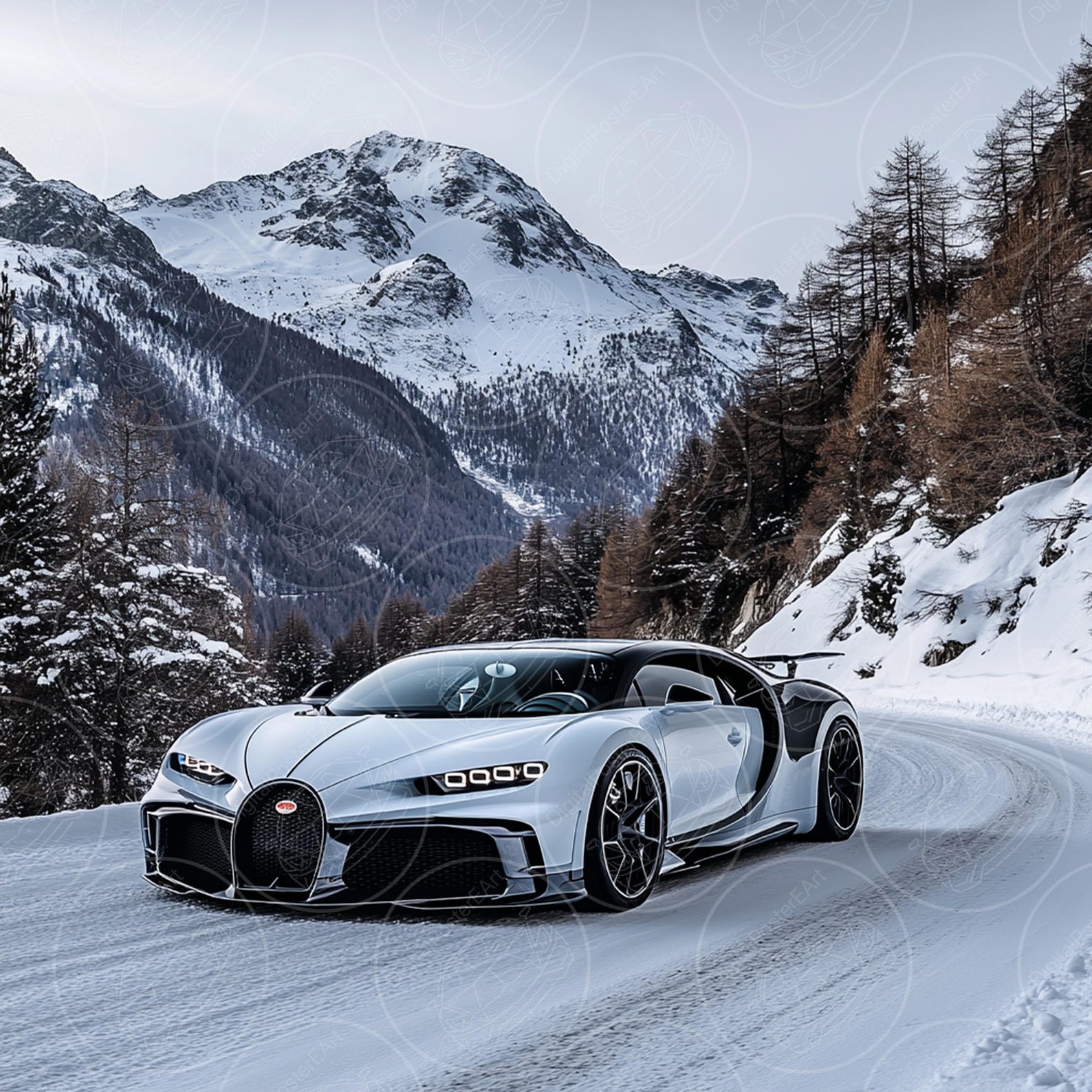 White and Black Bugatti Chiron Poster, Car Poster, Mountains, Snow - Etsy