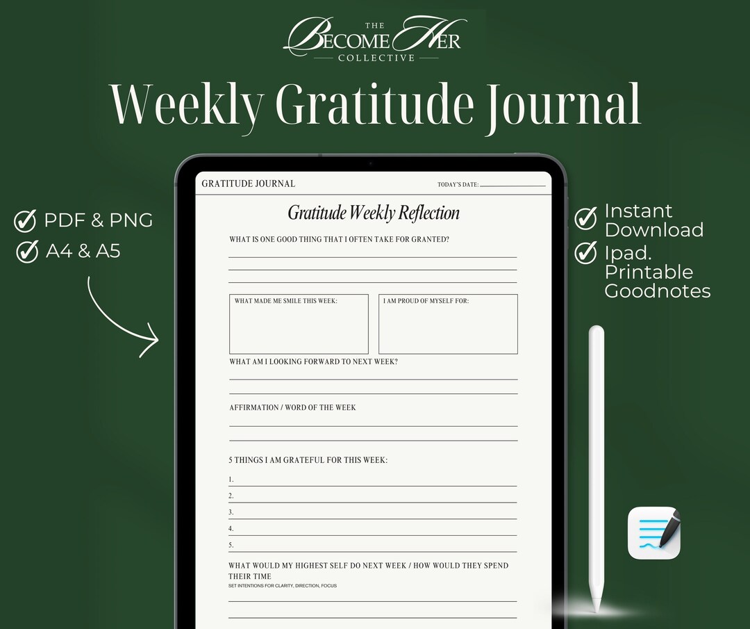 Gratitude Journal Page / Template for Weekly Reflection | Gratitude ...