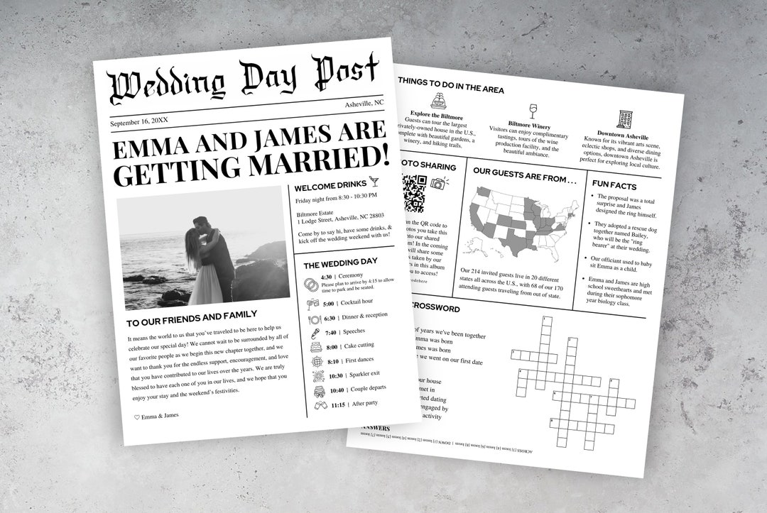 Modern Wedding Stationery, Customizable Wedding Newspaper, Editable ...