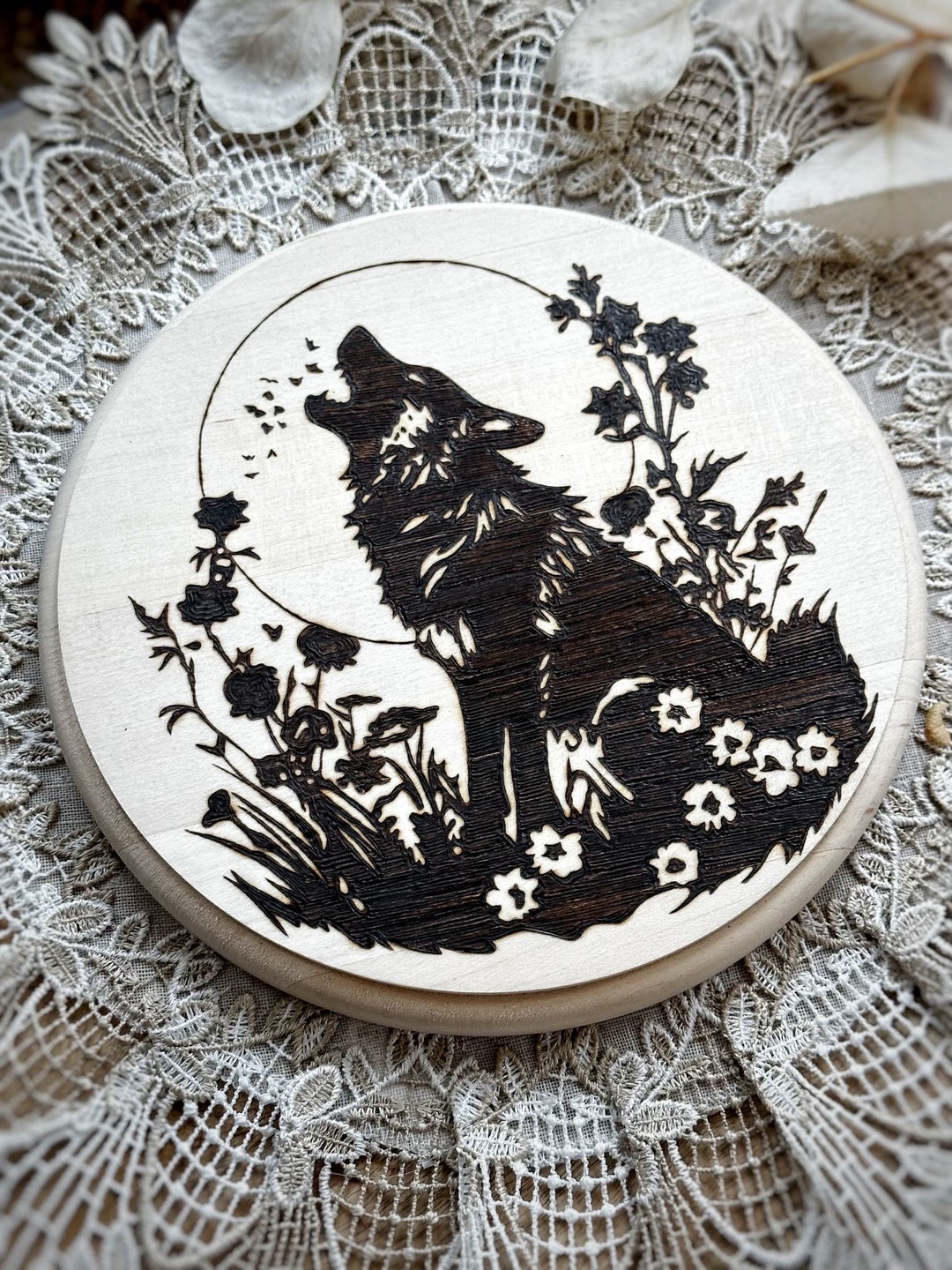 HOWLING WOLF Hand-burned Fairycore Whimsical Woodsy Pyrography Wall ...