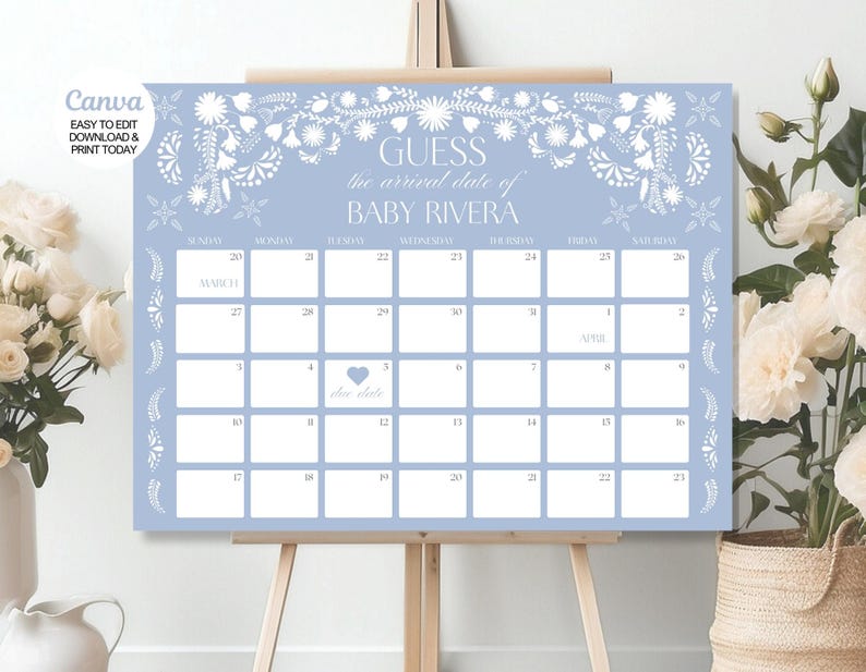 Editable Cielito Lindo Baby Shower Guess Arrival Date Calendar, Guess ...
