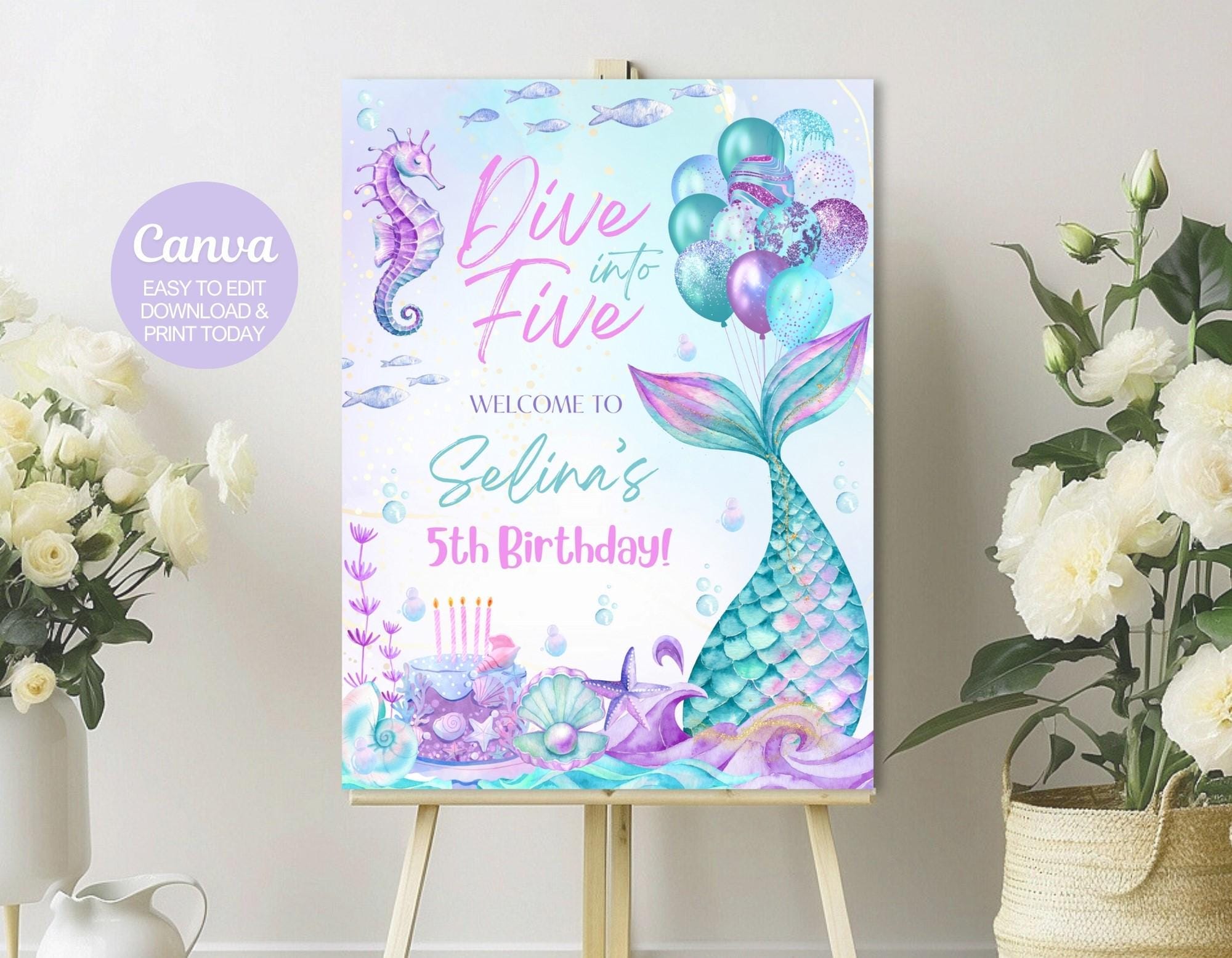 Editable Dive Into Five Birthday Party Welcome Sign, Tropical Summer ...