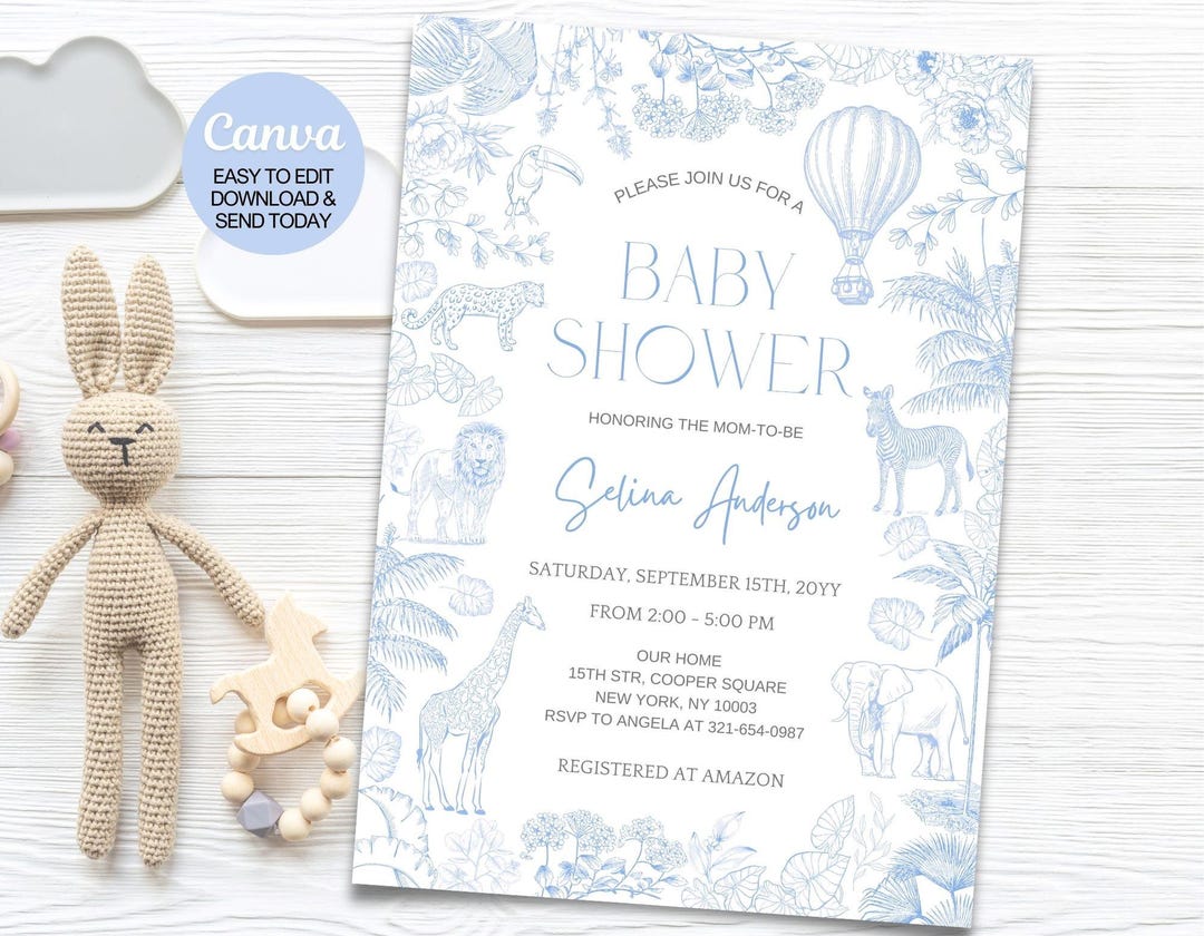 Dusty Blue Safari Baby Shower Invitation: Toile De Jouy (digital ...
