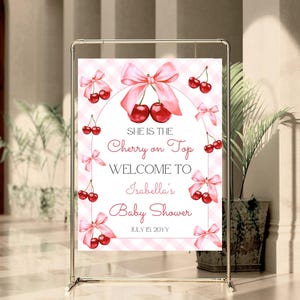 Editable Cherry on Top Baby Shower Welcome Sign, Pink Bow Berries Baby ...
