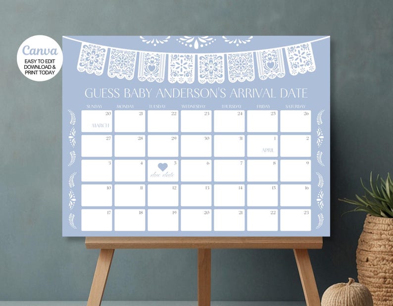 Editable Cielito Lindo Baby Shower Guess Baby's Due Date Calendar ...