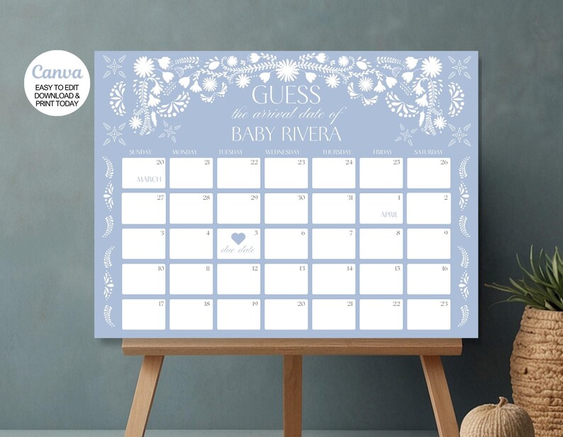 Editable Cielito Lindo Baby Shower Guess Arrival Date Calendar, Guess ...
