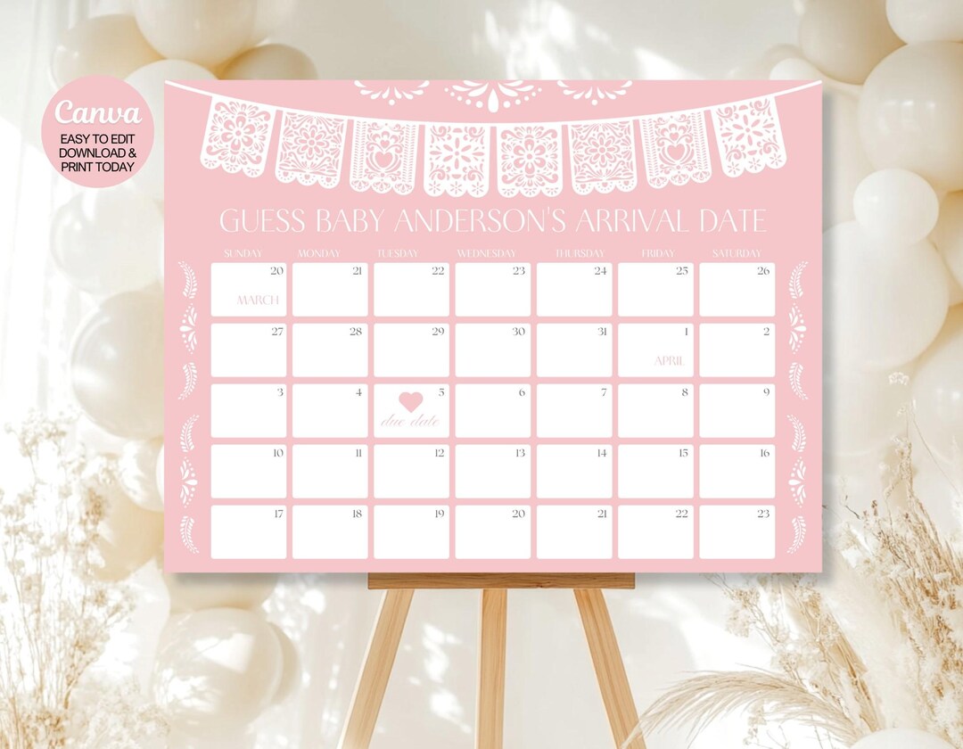 Editable Cielito Lindo Baby Shower Guess Baby's Due Date Calendar ...