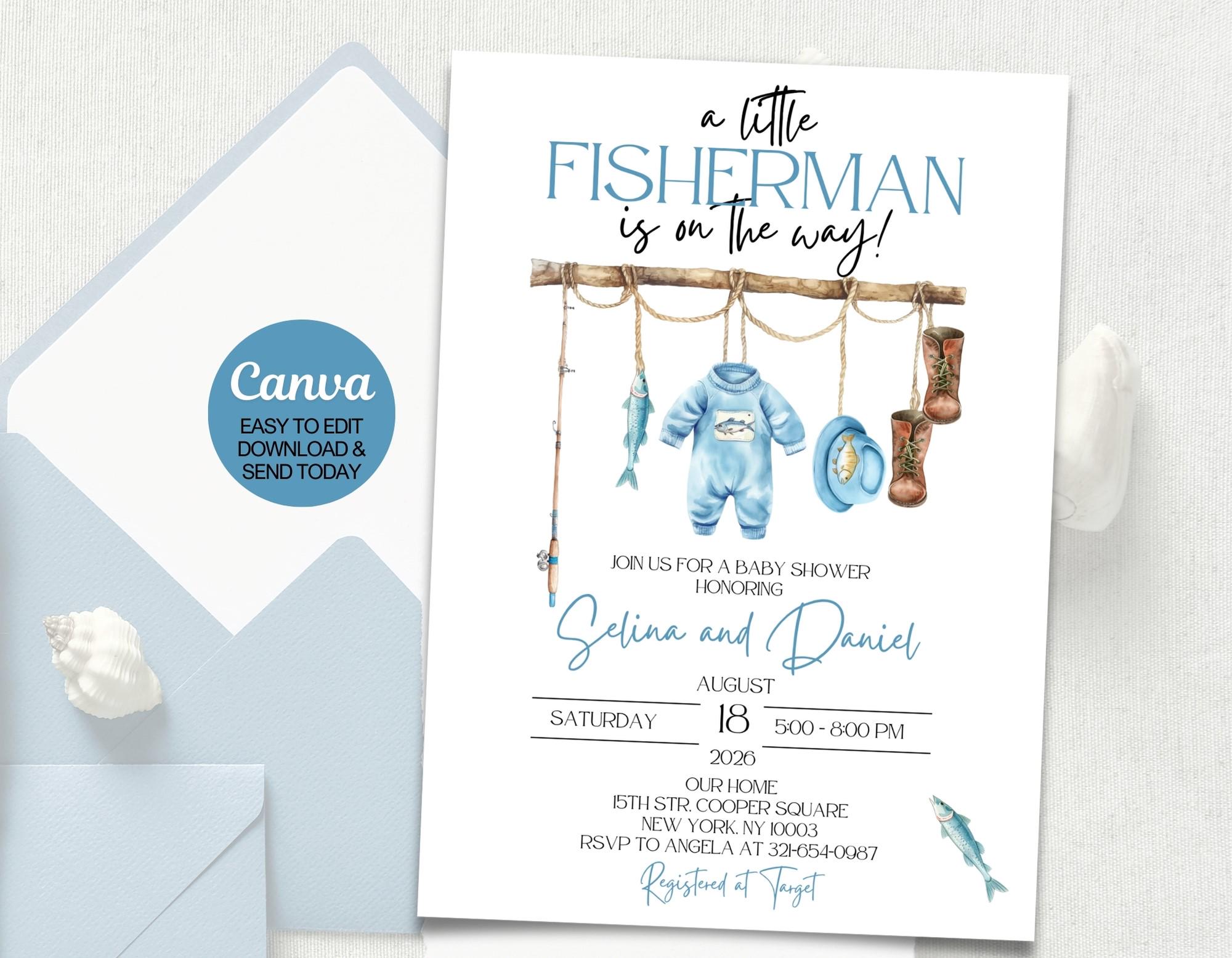 Editable Fishing Baby Shower Invitation Pack. A Little Fisherman is on ...